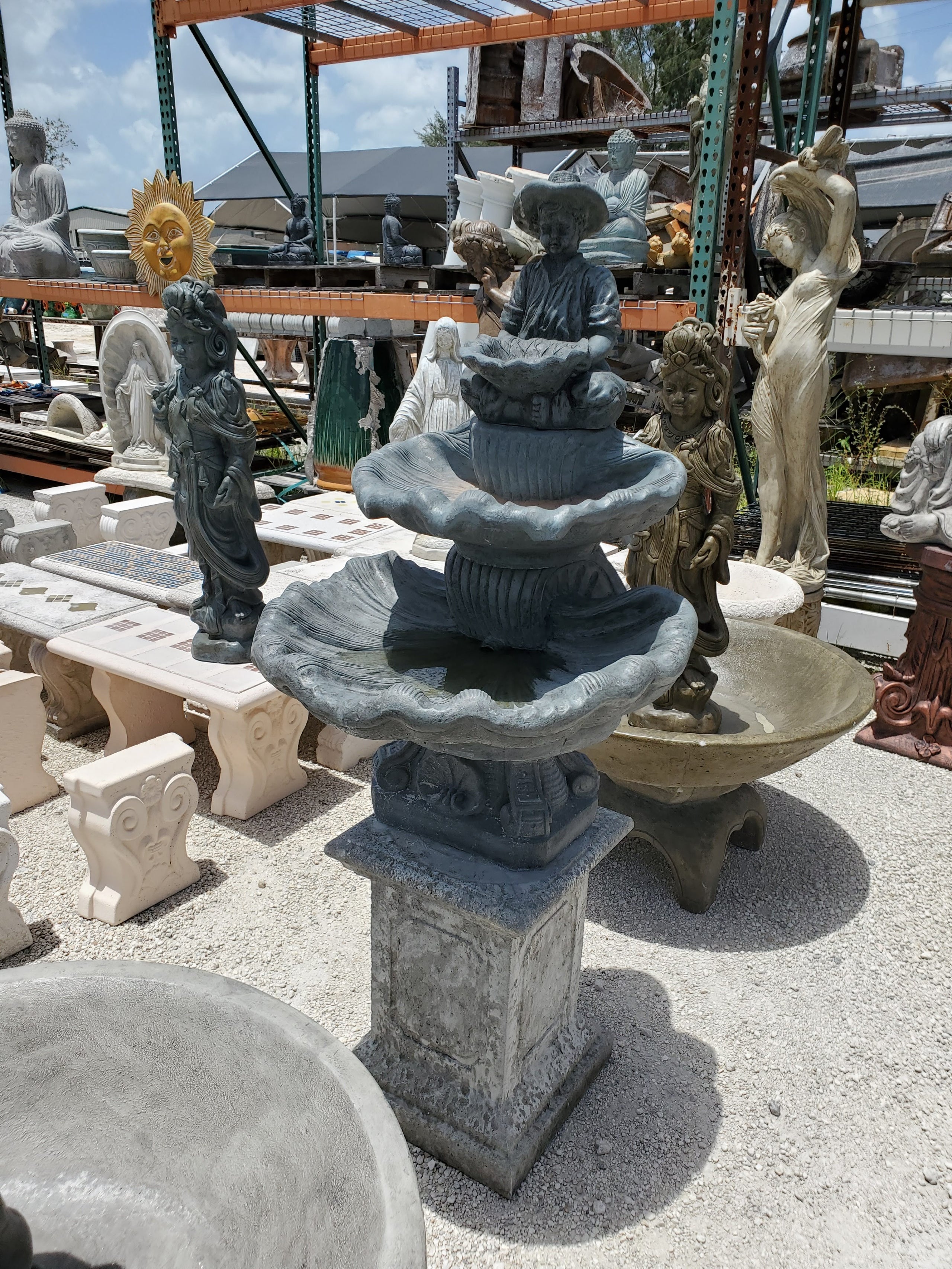 Boy with Shell Fountain with Pedestal Dark Gray Color / Cement Garden ...